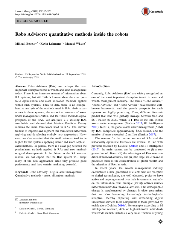 (PDF) Robo Advisors: quantitative methods inside the robots