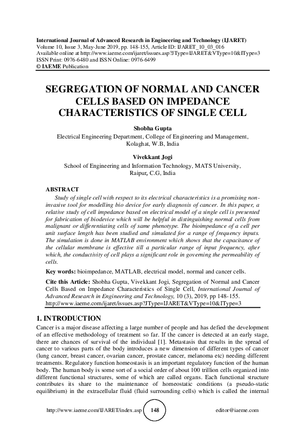 (PDF) SEGREGATION OF NORMAL AND CANCER CELLS BASED ON IMPEDANCE ...