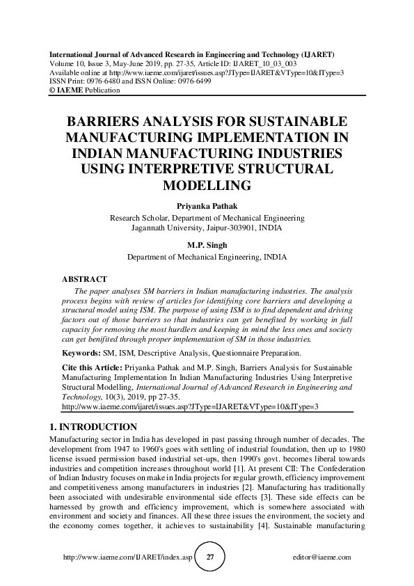 (PDF) BARRIERS ANALYSIS FOR SUSTAINABLE MANUFACTURING IMPLEMENTATION IN INDIAN MANUFACTURING ...