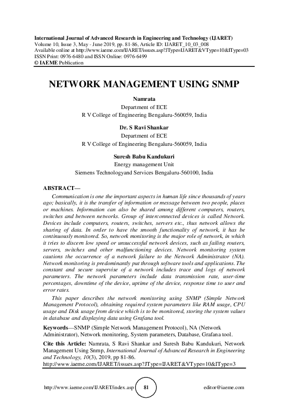 (PDF) NETWORK MANAGEMENT USING SNMP