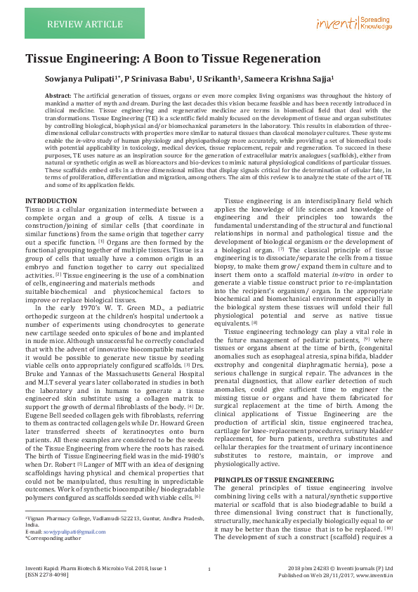 (PDF) Tissue Engineering: A Boon to Tissue Regeneration