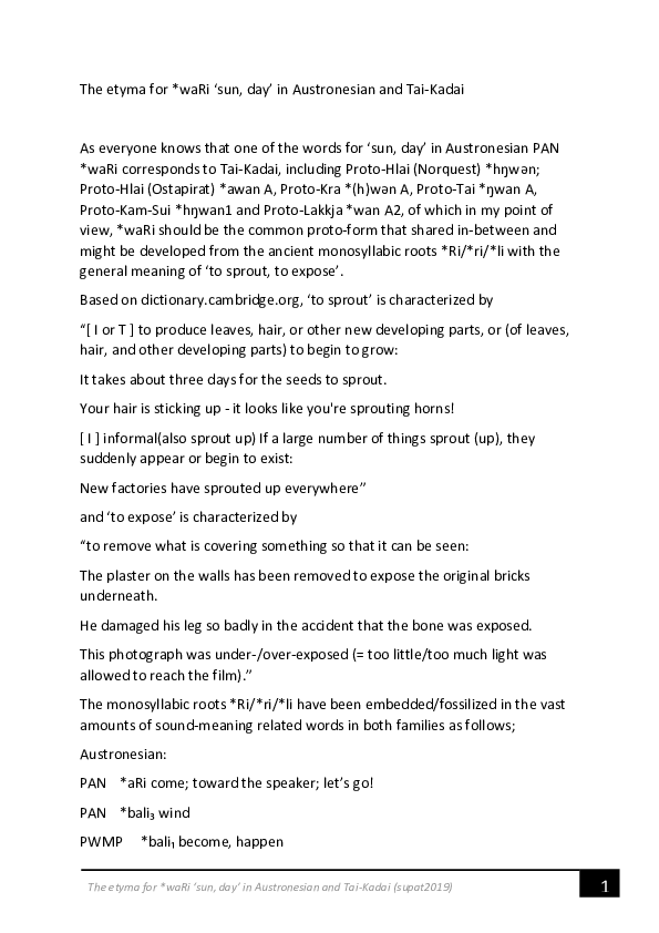 (PDF) The etyma for *waRi ‘sun/day’ in Austronesian and Tai-Kadai