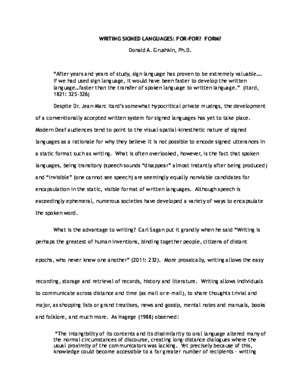 (PDF) WRITING SIGNED LANGUAGES: FOR-FOR? FORM
