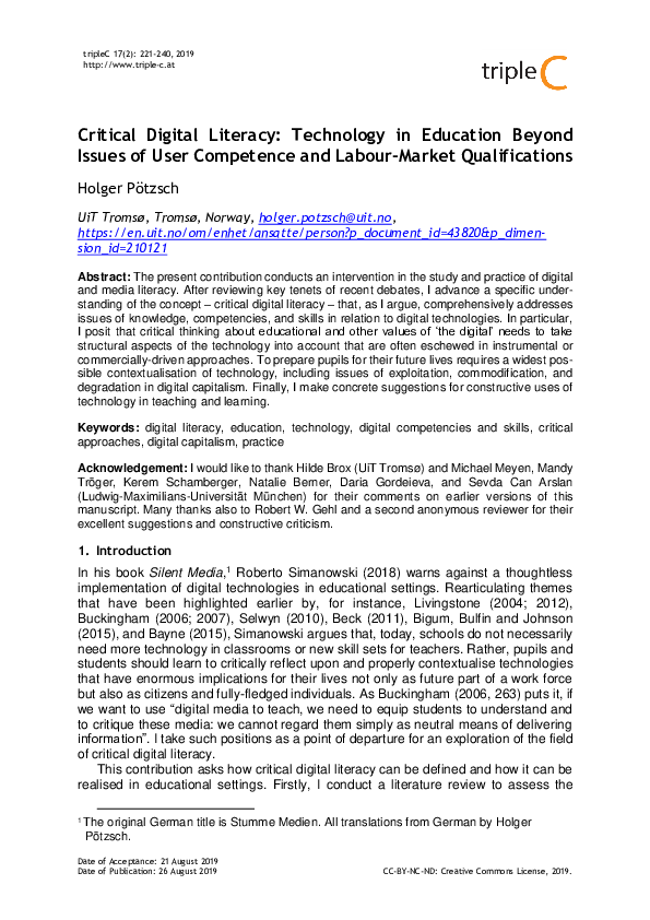 (PDF) Critical Digital Literacy: Technology in Education Beyond Issues ...