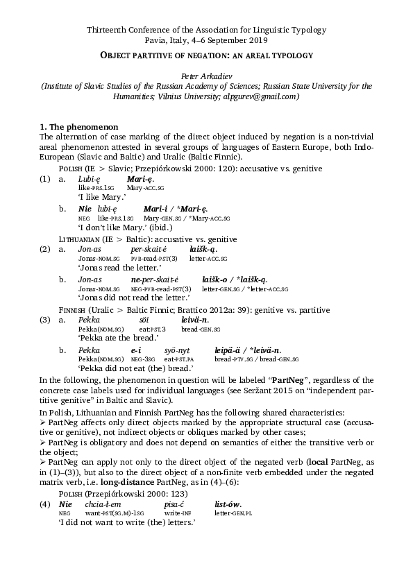 (PDF) OBJECT PARTITIVE OF NEGATION: AN AREAL TYPOLOGY