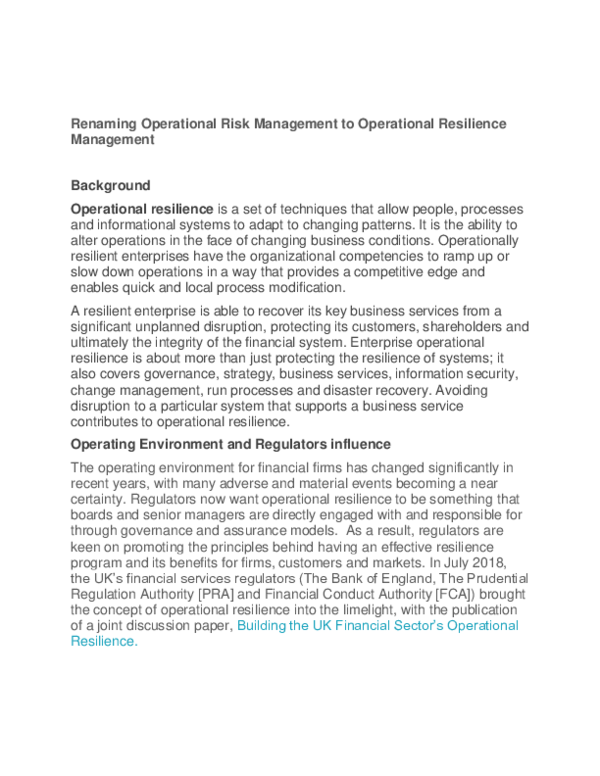 (DOC) Operational Resilience: Moving the Operational Risk Management needle