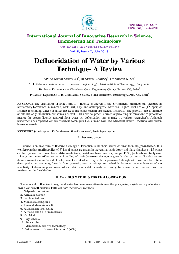 (PDF) Defluoridation of Water by Various Technique-A Review