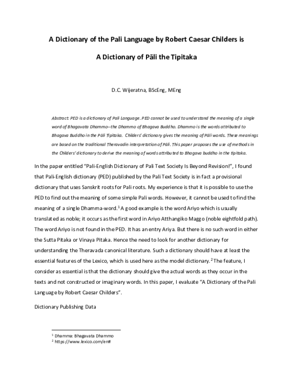 (DOC) A Dictionary of the Pali Language by Robert Caesar Childers is A ...