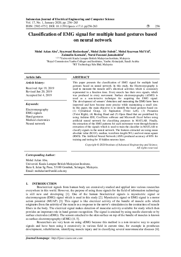 Pdf Classification Of Emg Signal For Multiple Hand Gestures Based On Neural Network