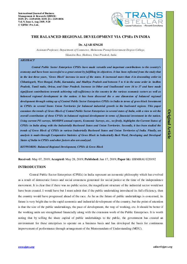 (PDF) THE BALANCED REGIONAL DEVELOPMENT VIA CPSEs IN INDIA
