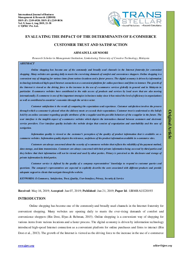 Pdf Evaluating The Impact Of The Determinants Of E Commerce Customer Trust And Satisfaction