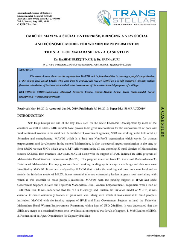 (PDF) CMRC OF MAVIM-A SOCIAL ENTERPRISE, BRINGING A NEW SOCIAL AND ...