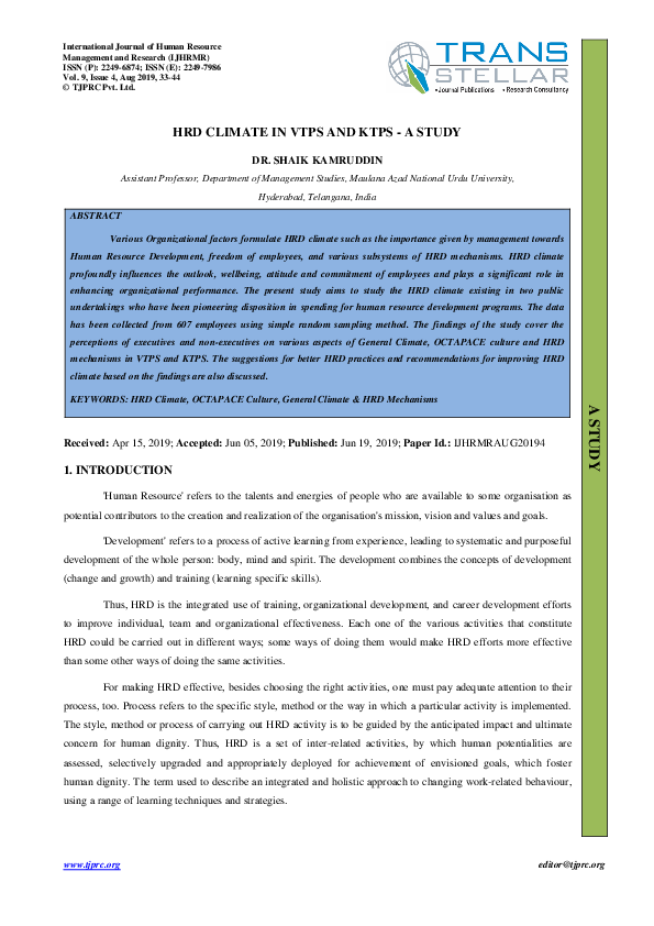 (PDF) HRD CLIMATE IN VTPS AND KTPS -A STUDY