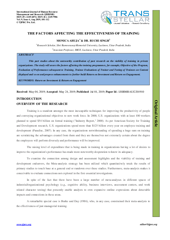 (PDF) THE FACTORS AFFECTING THE EFFECTIVENESS OF TRAINING. 10IJHRMRAUG