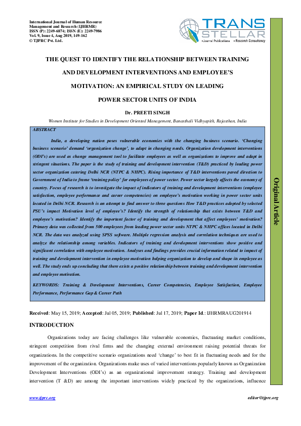 (PDF) THE QUEST TO IDENTIFY THE RELATIONSHIP BETWEEN TRAINING AND DEVELOPMENT INTERVENTIONS AND ...