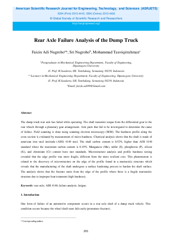 (PDF) Rear Axle Failure Analysis of the Dump Truck