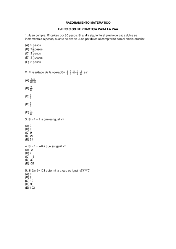 (PDF) EJERCICIOS DE PRÁCTICA MATEMATICAS PARA LA PAA (PRUEBA DE APTITUD ...