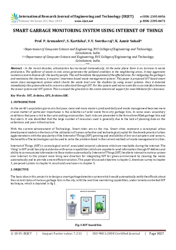(PDF) IRJET- SMART GARBAGE MONITORING SYSTEM USING INTERNET OF THINGS