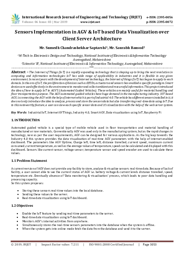 Pdf Irjet Sensors Implementation In Agv And Iot Based Data Visualization Over Client Server