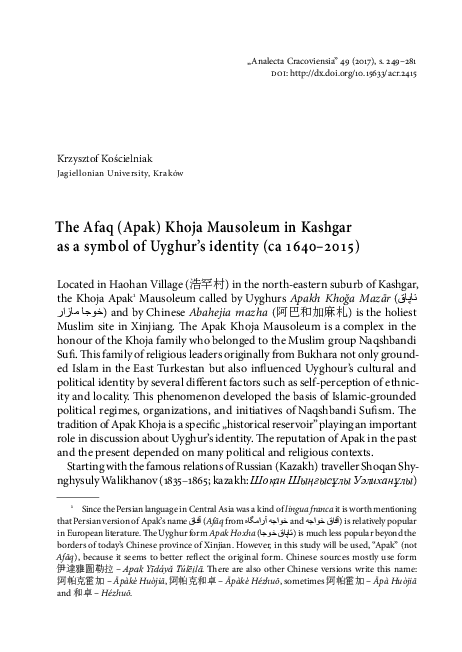 (PDF) The Afaq (Apak) Khoja Mausoleum in Kashgar as a symbol of Uyghur ...