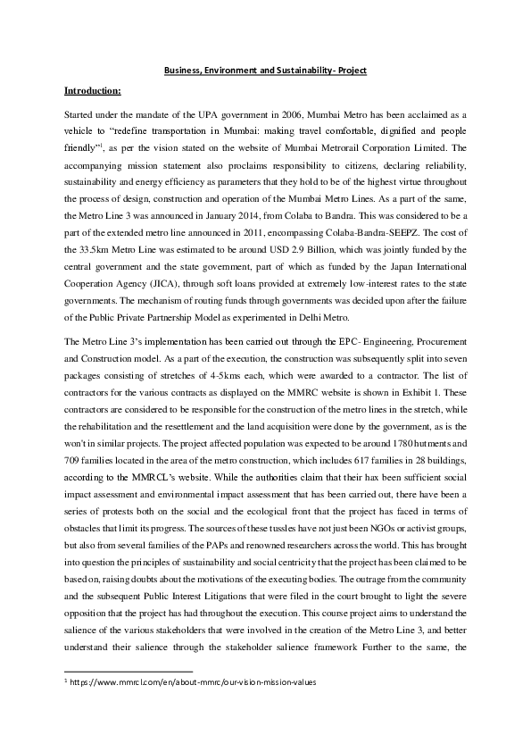(DOC) Business, Environment and Sustainability-Project Introduction