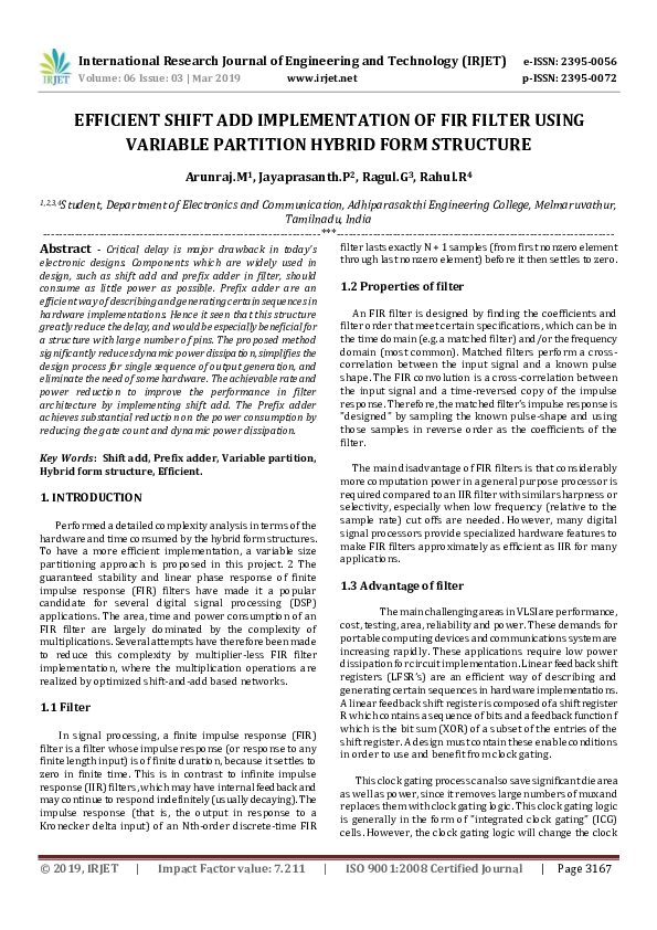 Pdf Irjet Efficient Shift Add Implementation Of Fir Filter Using Variable Partition Hybrid