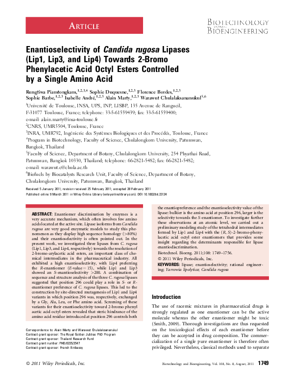 (PDF) Enantioselectivity of Candida rugosa Lipases (Lip1, Lip3, and ...