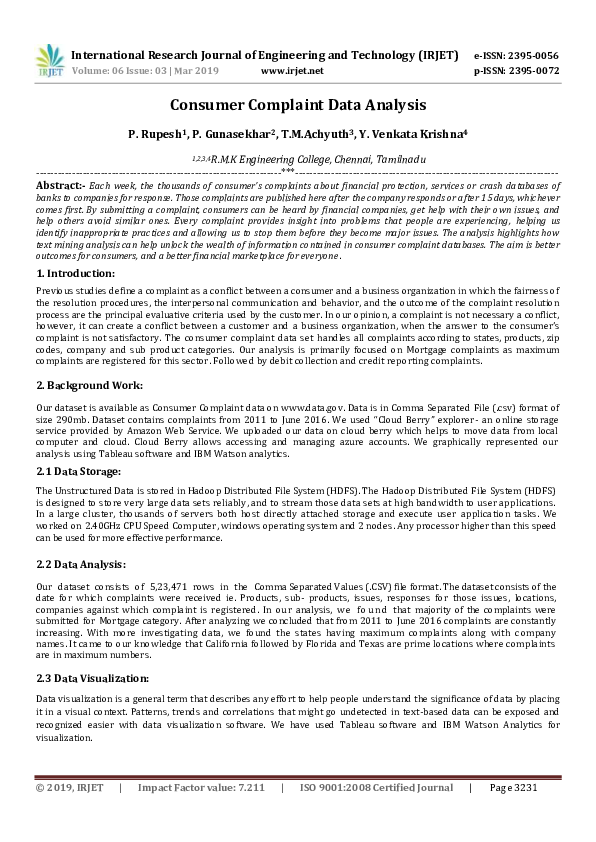 (PDF) IRJET- Consumer Complaint Data Analysis