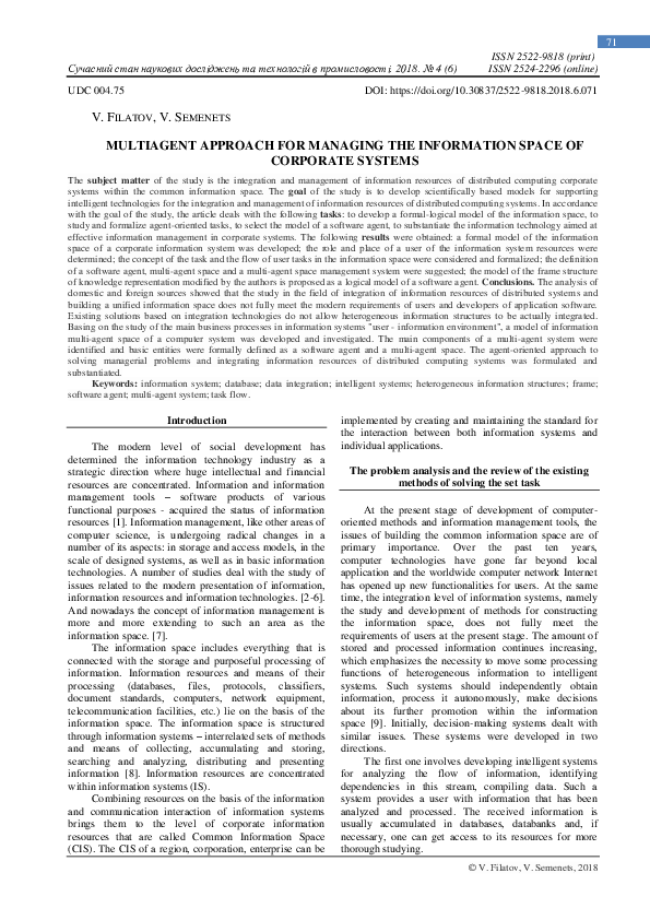 (PDF) MULTIAGENT APPROACH FOR MANAGING THE INFORMATION SPACE OF CORPORATE SYSTEMS