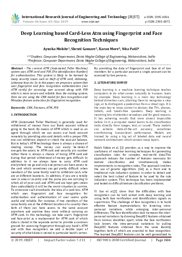 (PDF) IRJET-Deep Learning Based Card-Less Atm Using Fingerprint And Face Recognition Techniques