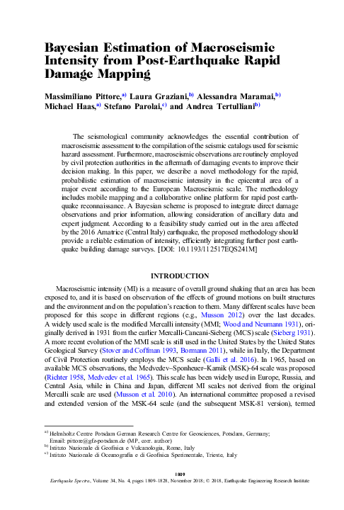 (PDF) Bayesian Estimation of Macroseismic Intensity from Post-Earthquake Rapid Damage Mapping