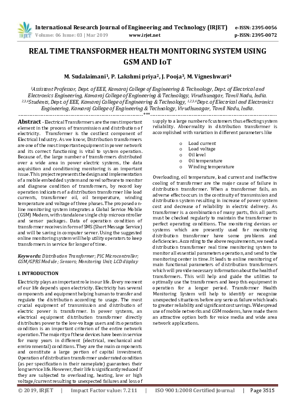Pdf Real Time Transformer Health Monitoring System Using Gsm And Iot