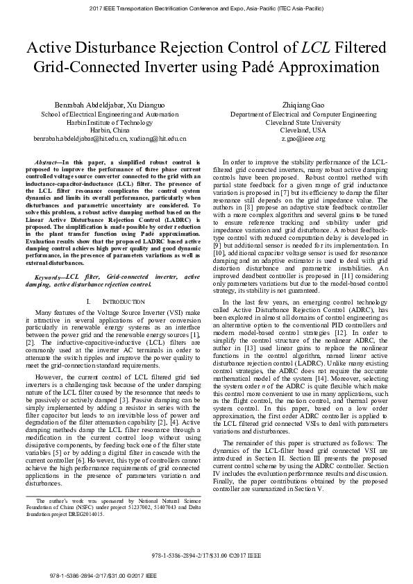 Pdf Active Disturbance Rejection Control Of Lcl Filtered Grid Connected Inverter Using Padé