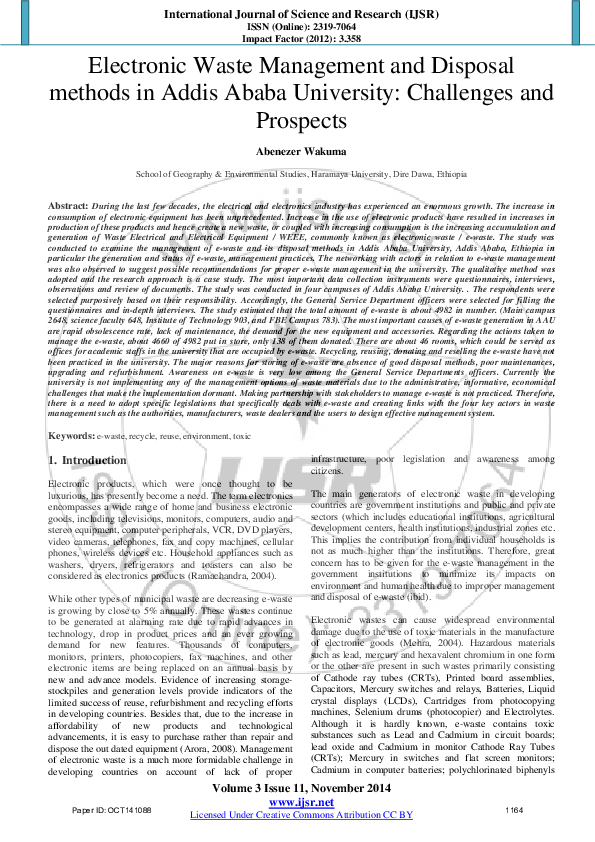 (PDF) Electronic Waste Management and Disposal methods in Addis Ababa University: Challenges and ...