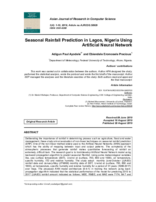 (PDF) Seasonal Rainfall Prediction in Lagos, Nigeria Using Artificial ...