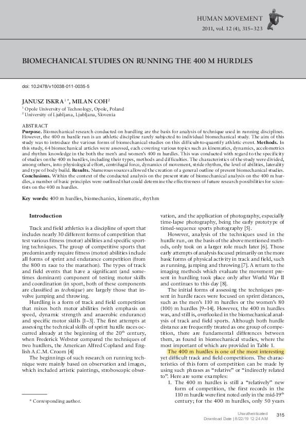(PDF) HUMAN MOVEMENT BIOMECHANICAL STUDIES ON RUNNING THE 400 M HURDLES