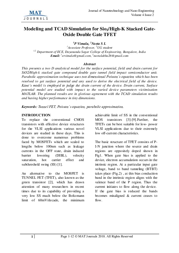 (PDF) Modeling and TCAD Simulation for Sio 2 /High-K Stacked Gate- Oxide Double Gate TFET
