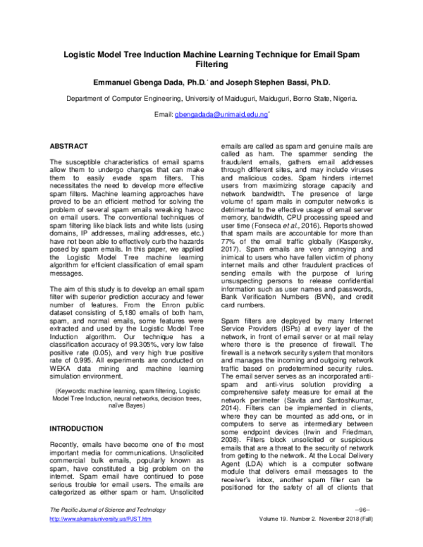 Pdf Logistic Model Tree Induction Machine Learning Technique For Email Spam Filtering