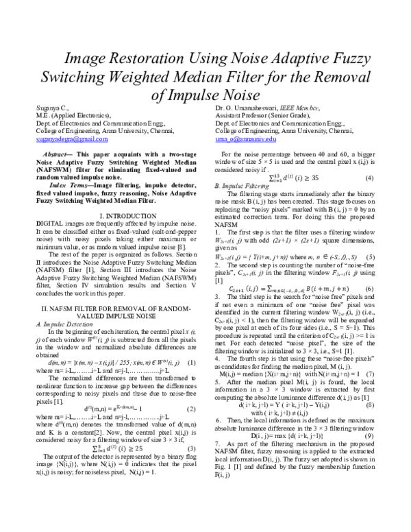 Pdf Image Restoration Using Noise Adaptive Fuzzy Switching Weighted Median Filter For The