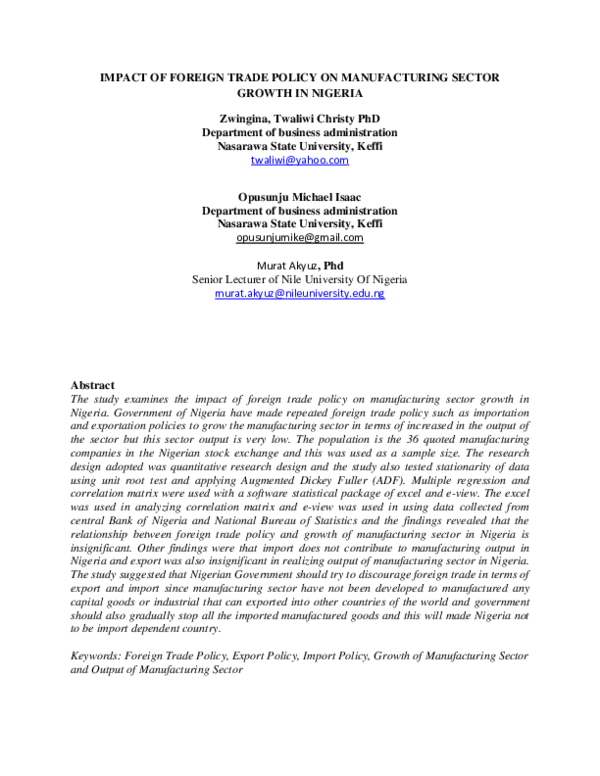 (PDF) IMPACT OF FOREIGN TRADE POLICY ON MANUFACTURING SECTOR GROWTH IN ...
