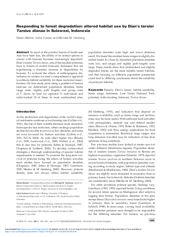 (PDF) Responding to forest degradation: altered habitat use by Dian's tarsier Tarsius dianae in ...