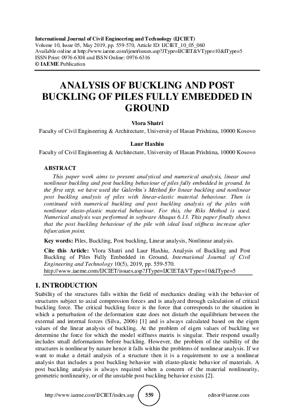 (PDF) ANALYSIS OF BUCKLING AND POST BUCKLING OF PILES FULLY EMBEDDED IN GROUND