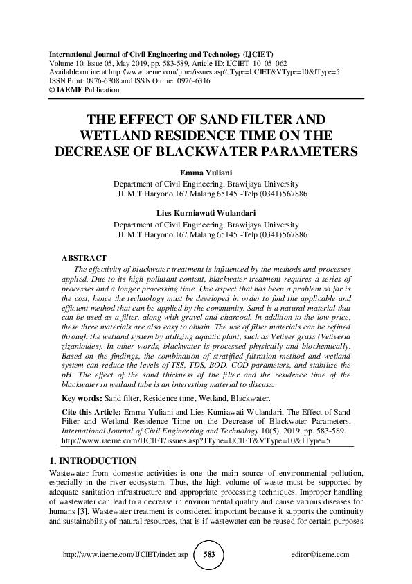 (PDF) THE EFFECT OF SAND FILTER AND WETLAND RESIDENCE TIME ON THE ...