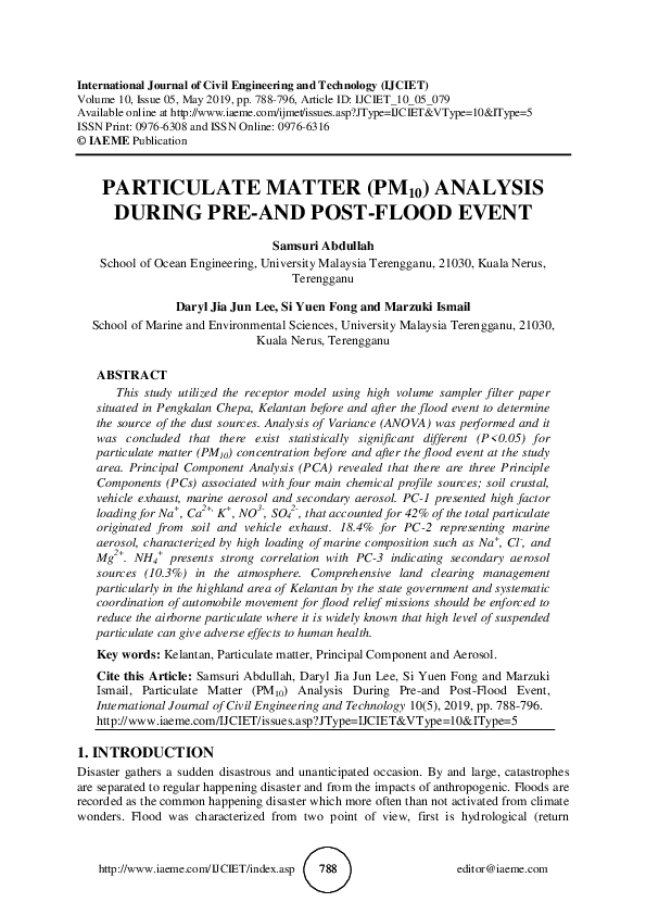 (PDF) PARTICULATE MATTER (PM10) ANALYSIS DURING PRE-AND POST-FLOOD EVENT