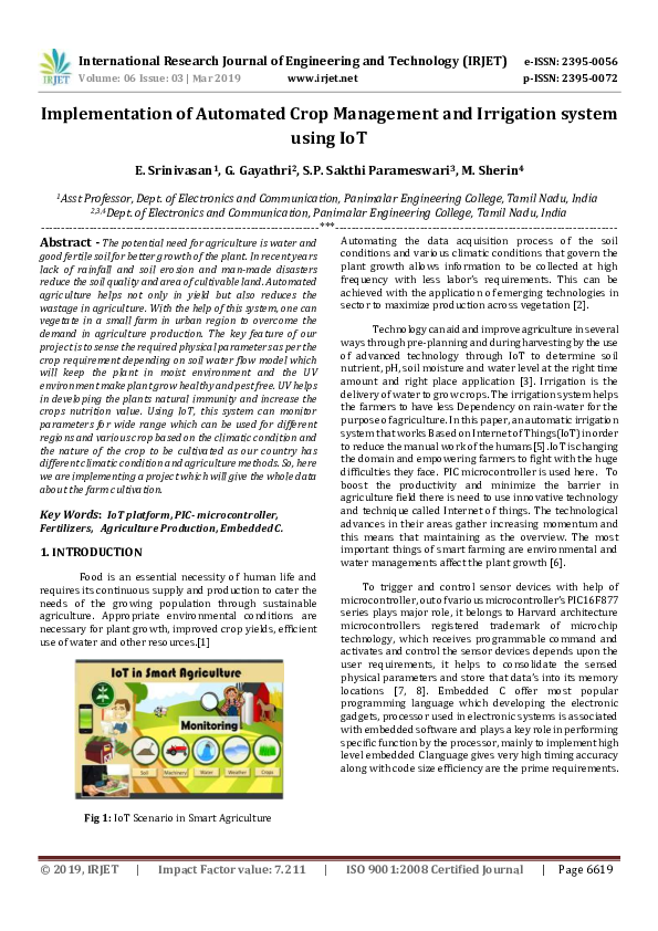 Pdf Irjet Implementation Of Automated Crop Management And Irrigation System Using Iot