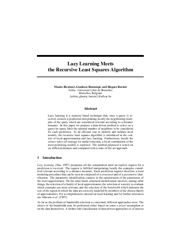 (PDF) Lazy learning meets the recursive least squares algorithm | Gianluca Bontempi - Academia.edu