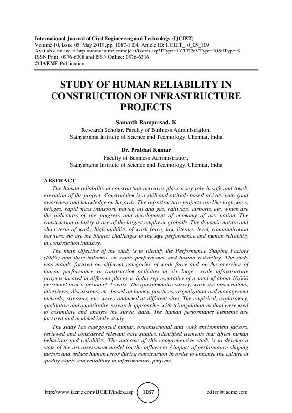 (PDF) STUDY OF HUMAN RELIABILITY IN CONSTRUCTION OF INFRASTRUCTURE PROJECTS