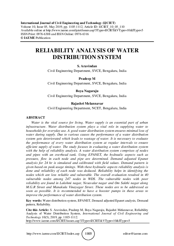 (PDF) RELIABILITY ANALYSIS OF WATER DISTRIBUTION SYSTEM