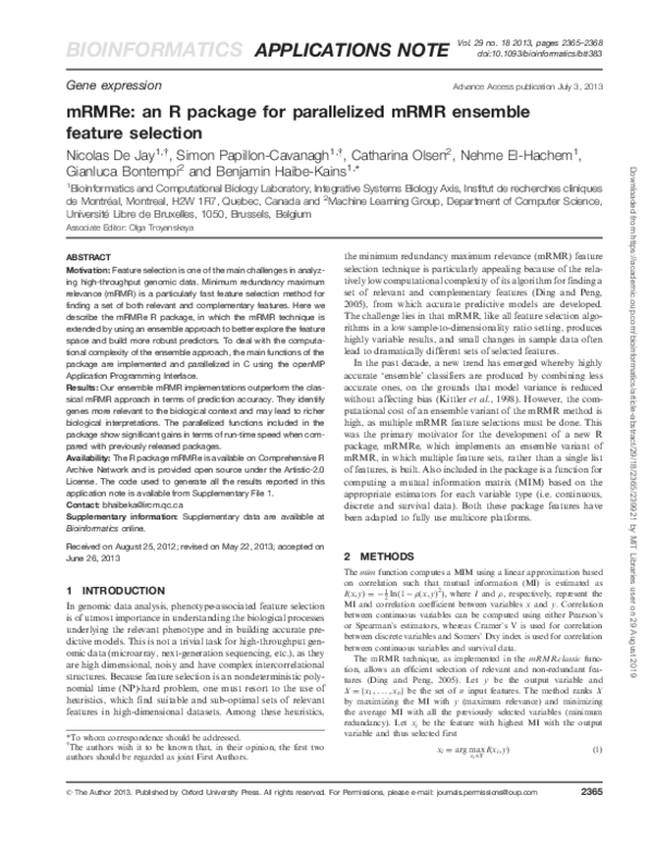 Pdf Mrmre An R Package For Parallelized Mrmr Ensemble Feature Selection