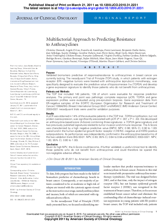 (PDF) Multifactorial Approach to Predicting Resistance to Anthracyclines